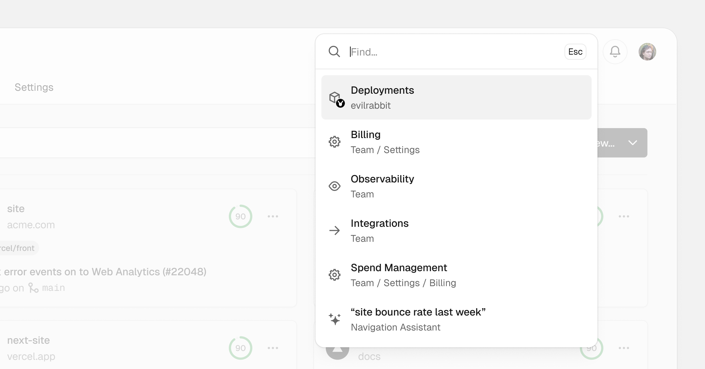 Find teams, projects, and pages in the Vercel dashboard with universal ...