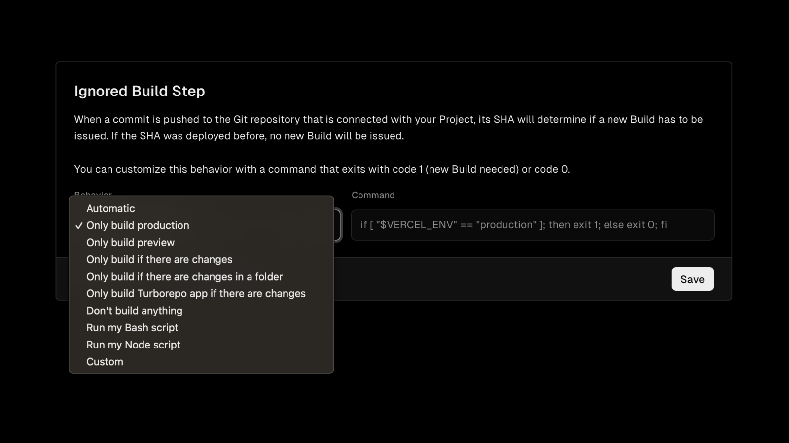 Improved experience for configuring ignored builds - Vercel