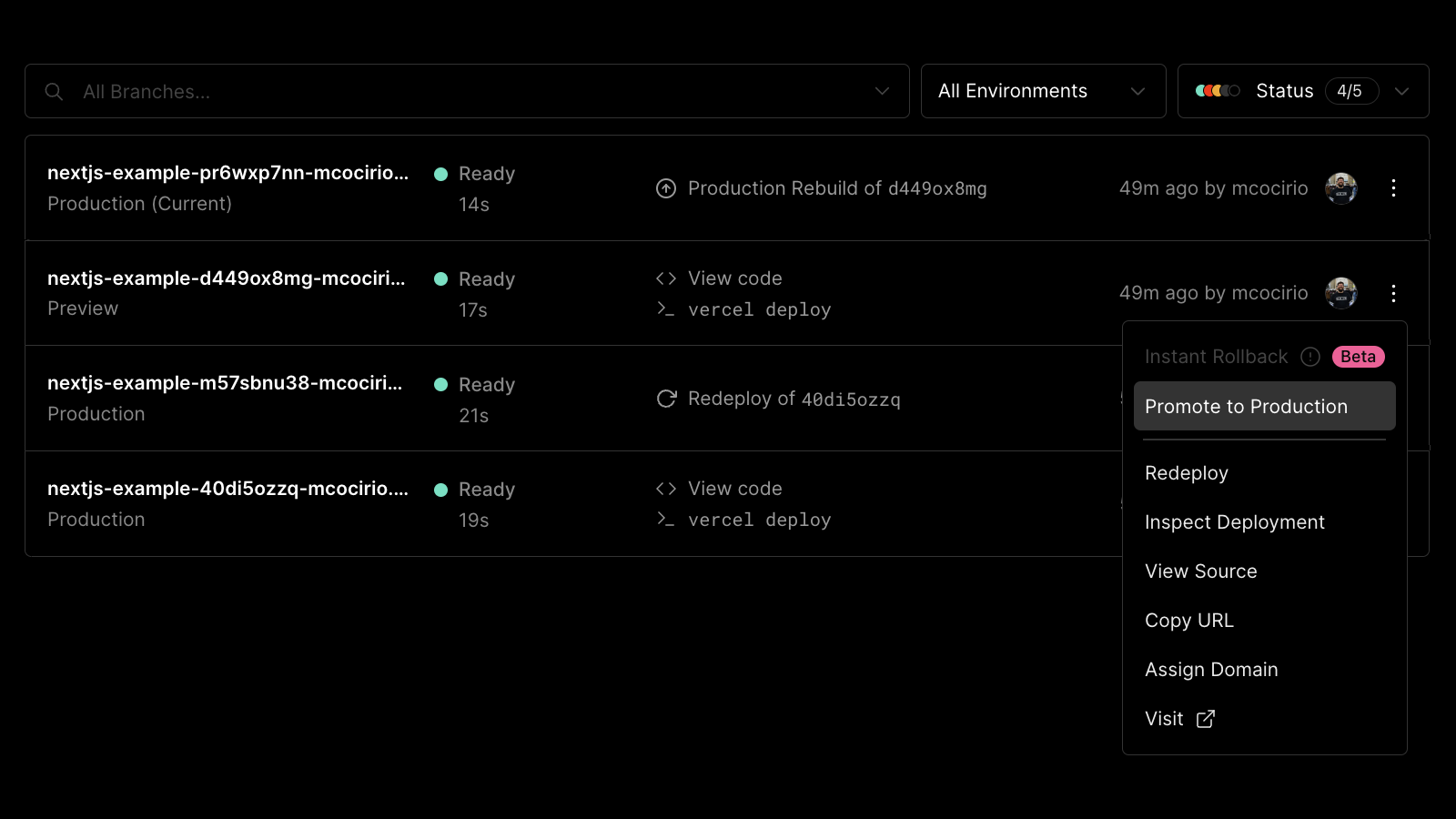 Redeploy Or Promote Cli Deployments From The Dashboard Vercel