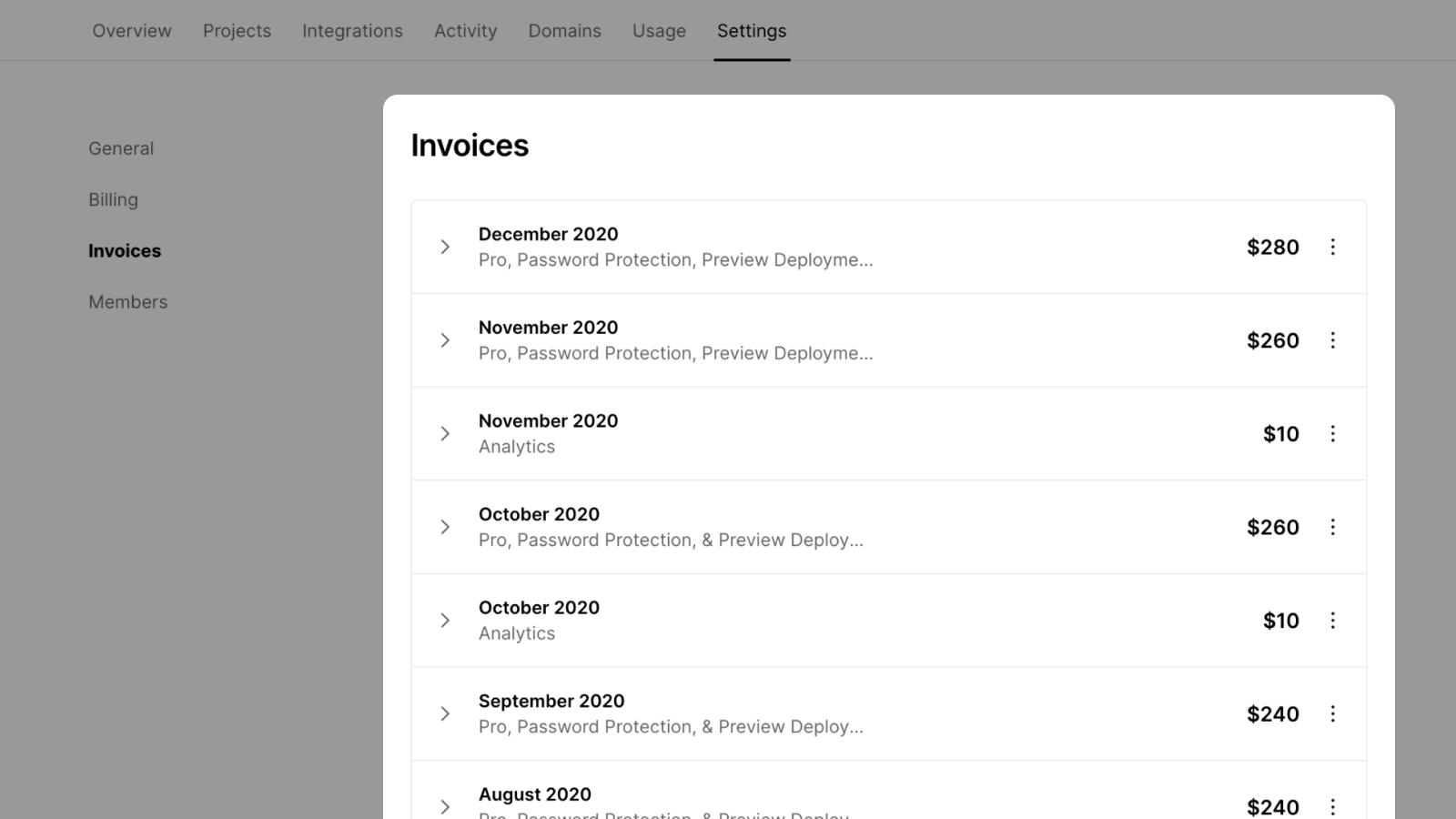 Invoices are now available on a dedicated page - Vercel
