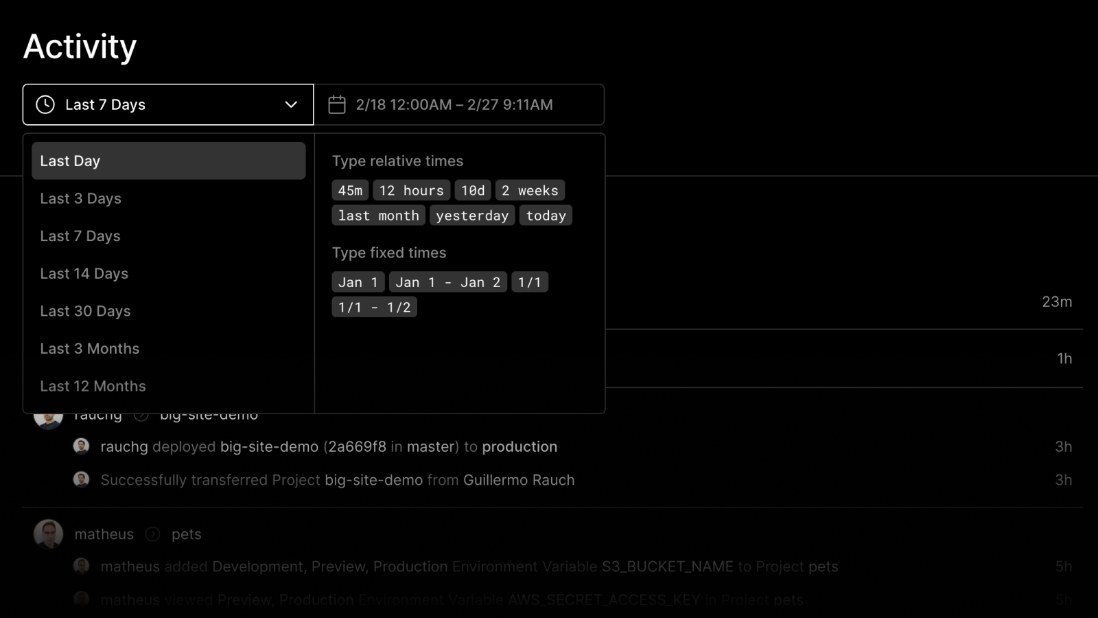 Activity date filtering now available - Vercel