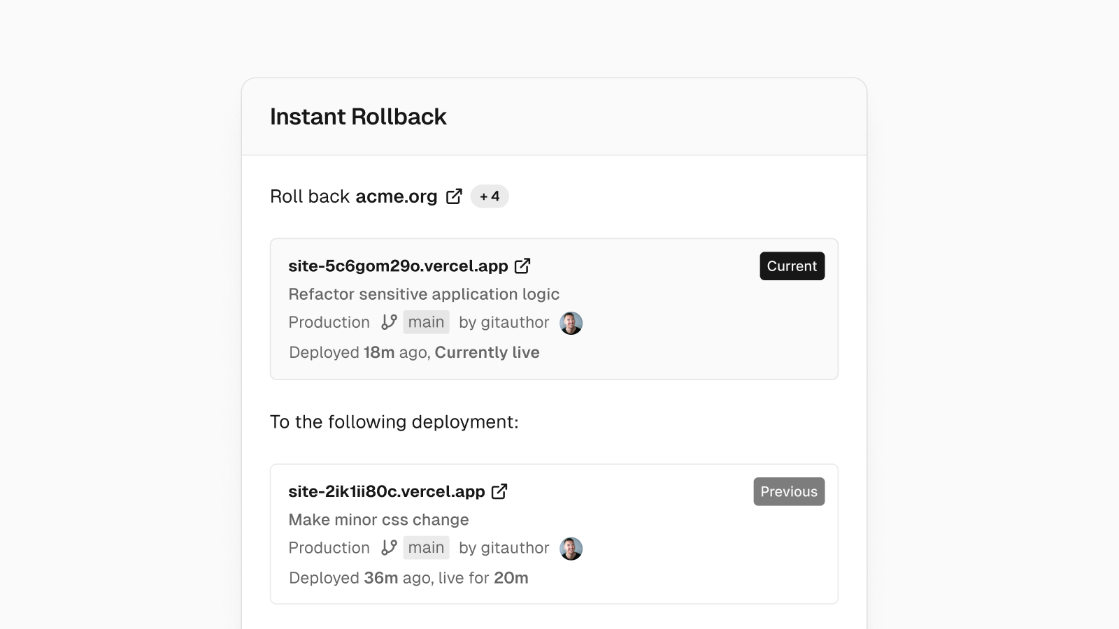 Revert and pin deployments with Instant Rollback - Vercel