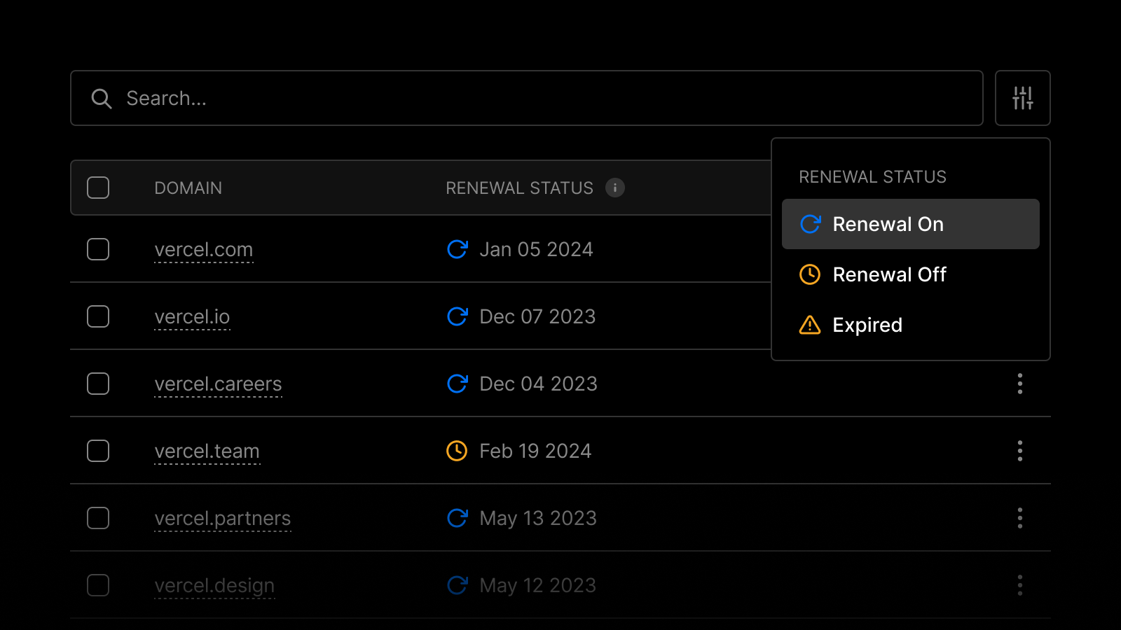 Domain renewal status filtering now available - Vercel