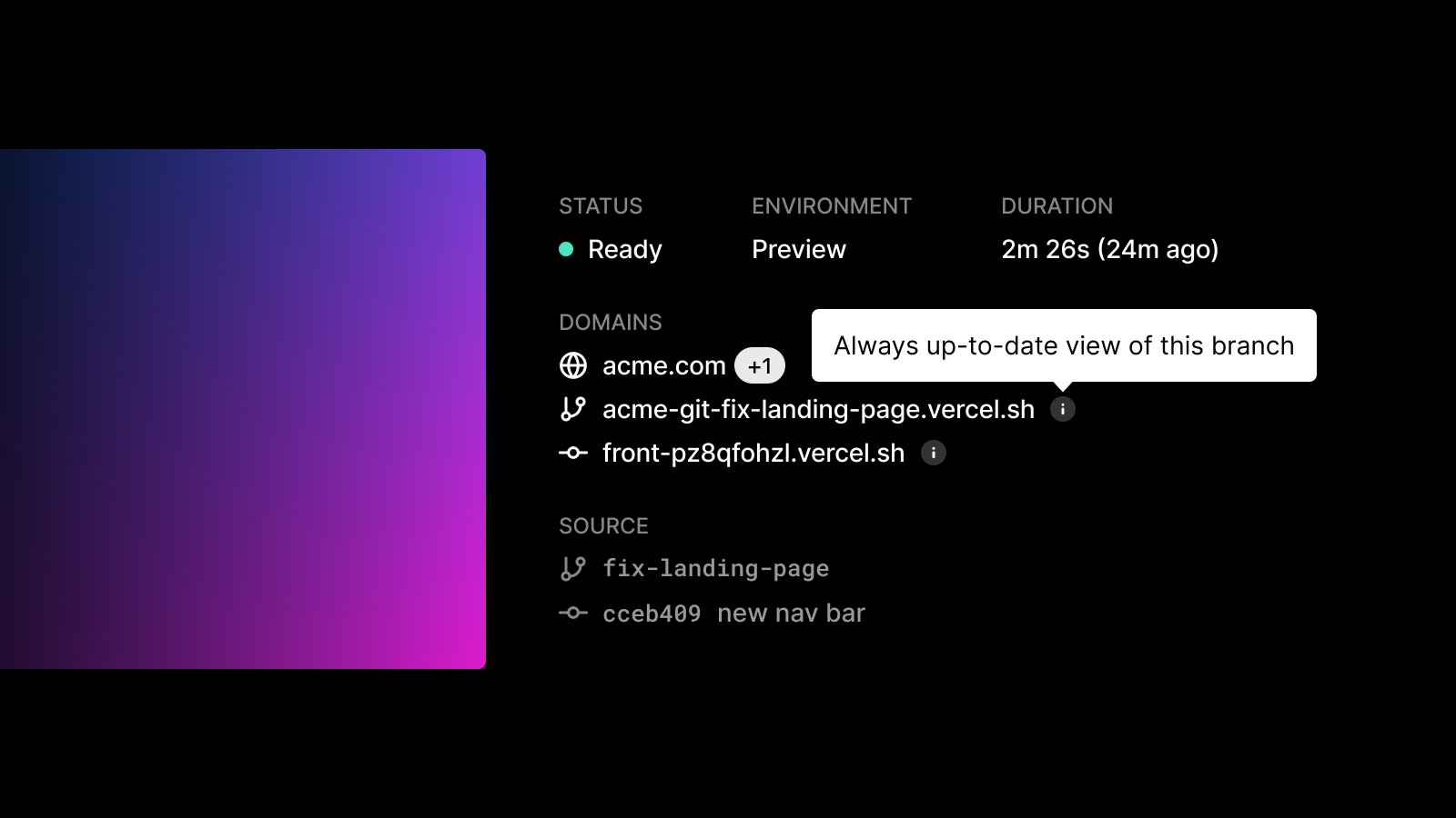 Refreshed deployment link design in Vercel dashboard - Vercel